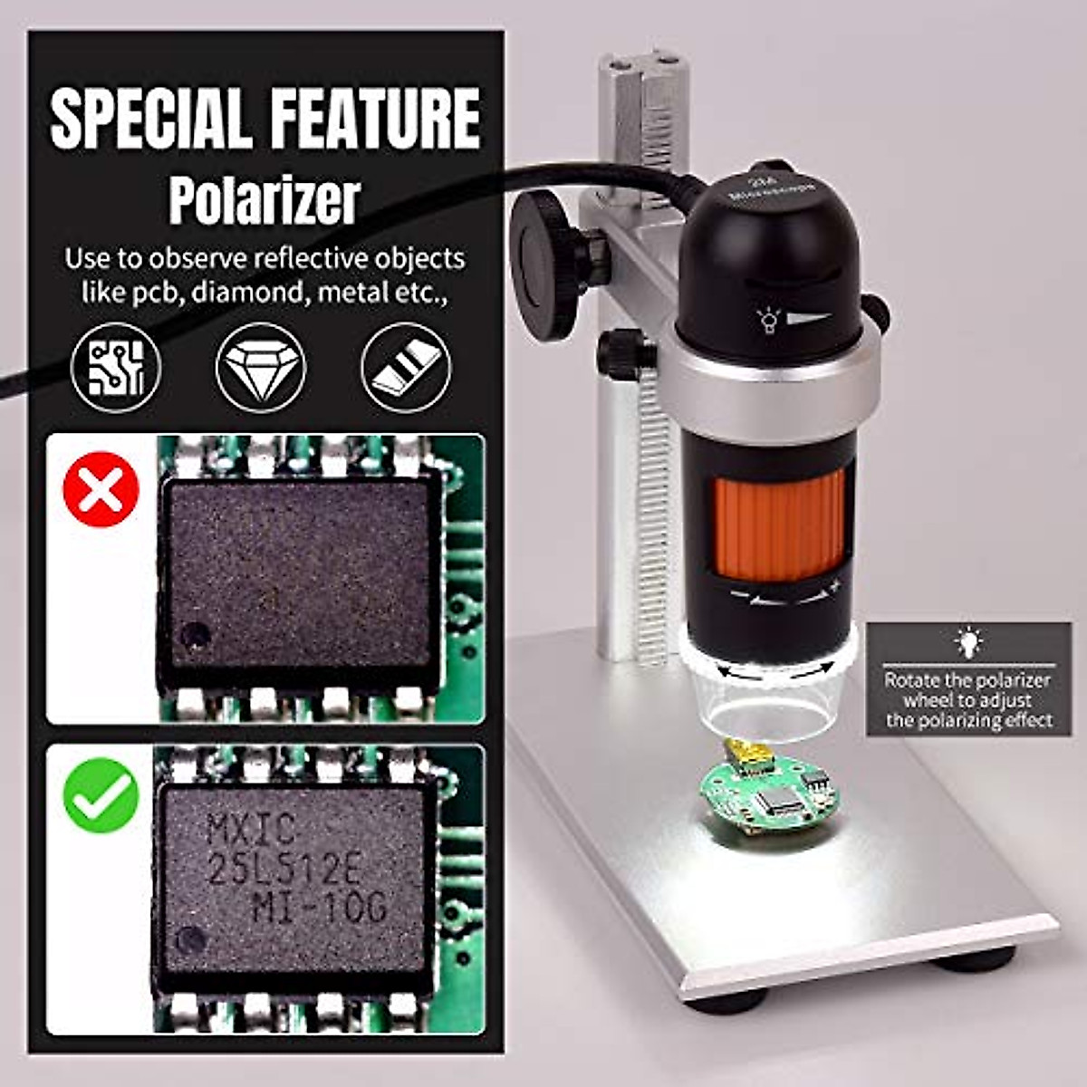 Polarizer USB Microscope, Topnisus True 5MP Electron Microscope, 250x Digital Camera Compatible with MacBook Windows PC for Coins Collection, Micro Soldering