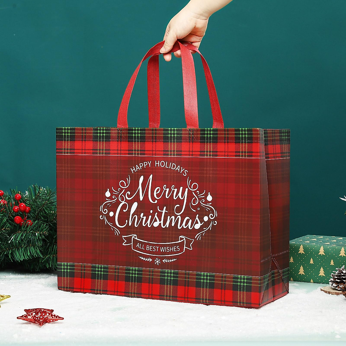 YANGTE Extra Large Christmas Gift Bags 12 Pack Extra Large Gift Bags Jumbo with Handle Reusable Non-Woven XL Xmas Presents Wrapping Holiday Bags Tote Size 16.7 * 6.9 * 12.6in