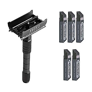 50 BLADES + Facón Classic Long Handle Double Edge Safety Razor - Platinum Japanese Stainless Steel Blades - Butterfly Open Shaving Razor for Smooth Wet Shaving Experience - 200+ Shaves