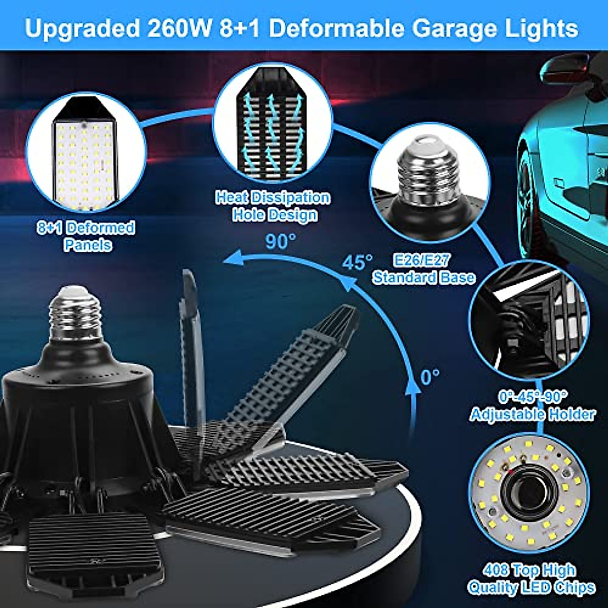 AUDLES 8+1 LED Garage Light, 260W LED Shop Light, E26/E27 Super Bright Deformable Ceiling Light Garage Lighting, Bay Light, Attic Light, Basement Light 2PK