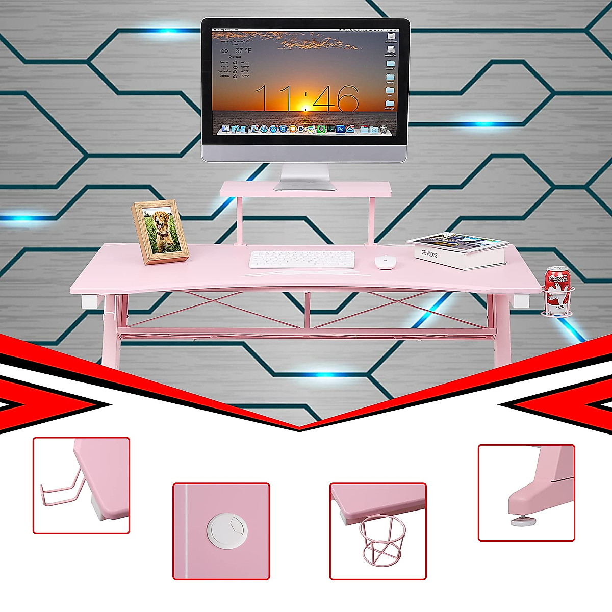 ErgoDesign Gaming Desk with Z Shaped Legs, Professional Game Work Station, PC Gamer Table with Stand Cup Holder & Headphone Hook (White/Pink)