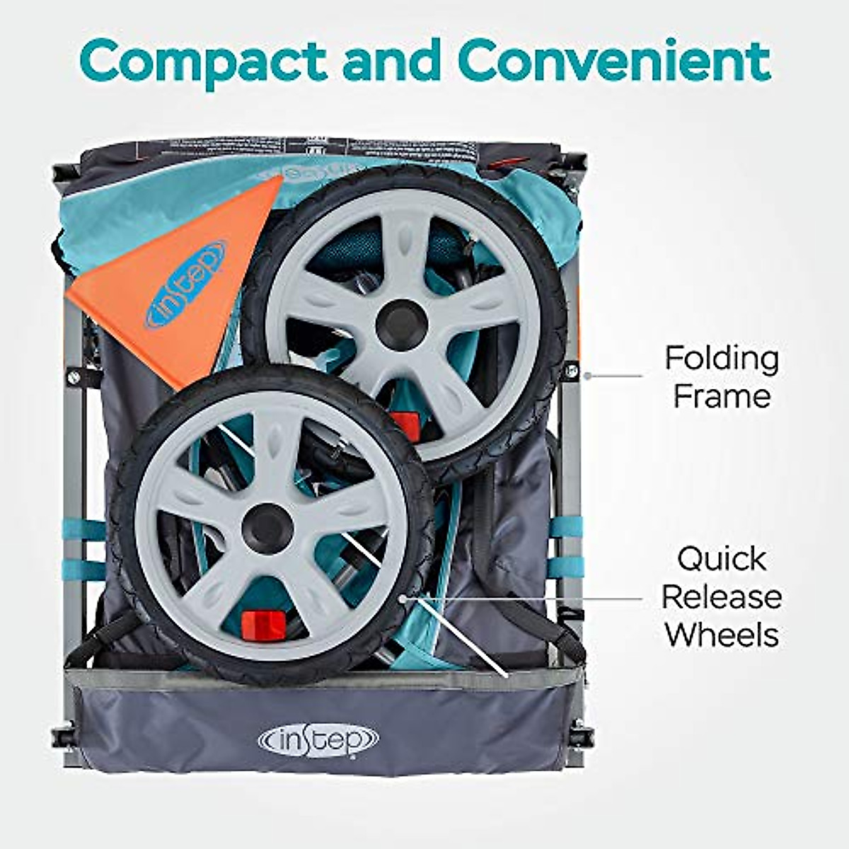 InStep Sync Kids Bike Trailer, Tow Behind Child Carrier, Foldable and Compact, Easy Storage, Bug Screen and Weather Shield Canopy, Safety Flag, 16-Inch Wheels, Double Seat, Light Blue