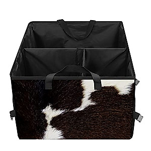 GACTIVITY Black And White Cowhide Car Trunk Organizer,Collapsible Cargo Storage Tote Bag,Non Slip,3 Divider Compartments, Automotive Interior Accessories for Auto SUV Truck Vehicle Picnic Camping