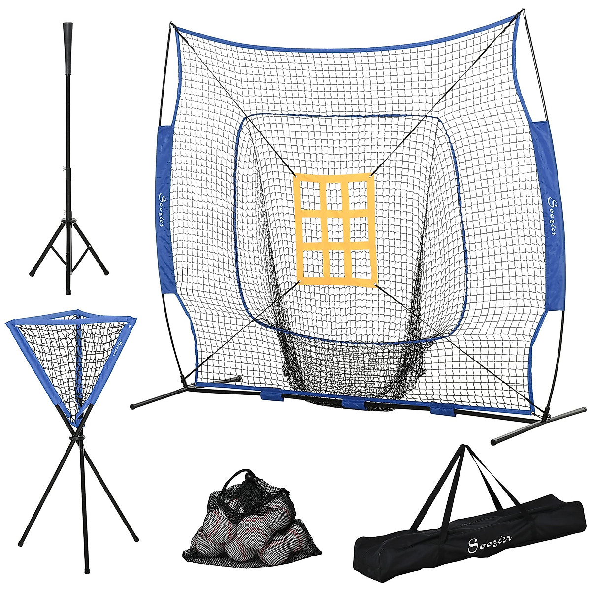 Soozier Baseball Practice Net Set with 7.5x7ft Catcher Net, Ball Caddy and Batting Tee, Portable Baseball Practice Equipment with Carry Bag for Hitting, Pitching, Batting, Catching, Blue