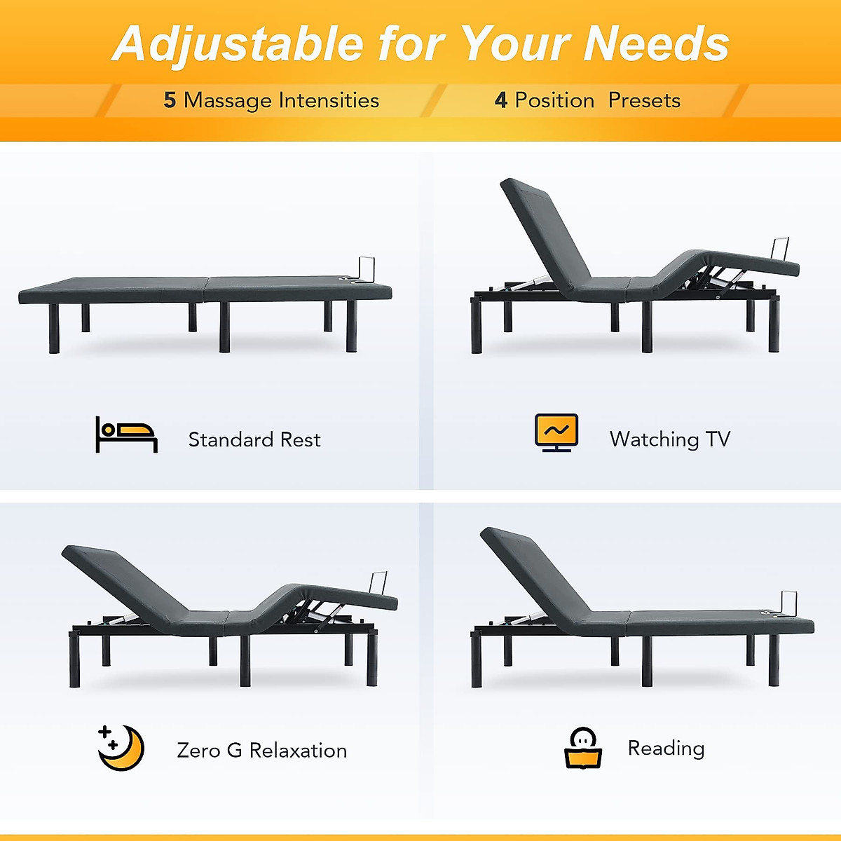 VONLUCE Motorized Bed Frame with Remote Control, Zero Clearance Adjustable Bed Base, Head Foot Incline and Massage Bed Frame with Custom Presets Underbed Lighting and USB Port, 800lb Cap, Queen Size