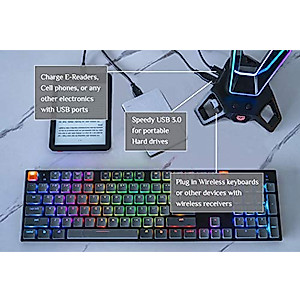 TRUSYO AUDIO THE PORTAL USB 3.0 headset stand with dual RGB lights, 3 usb charger ports, a headphone holder for wired or wireless headphones, great for gaming stations. A gaming accessory.