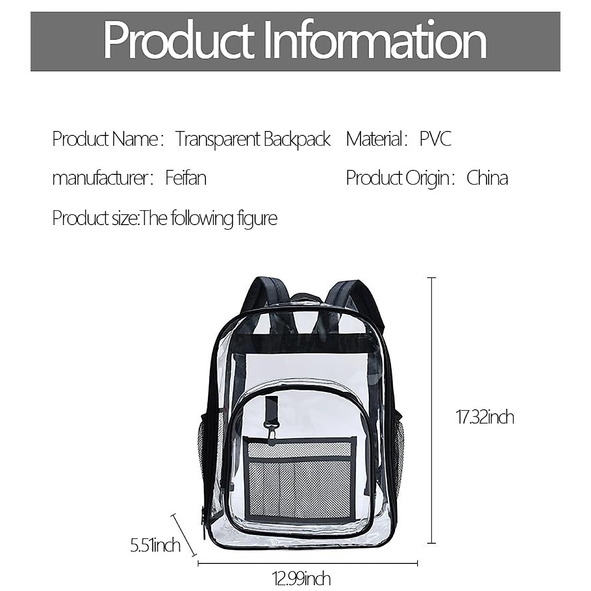Fei Fan PVC fashion transparent backpack, heavy duty transparent backpack XL, men, women, daily life, work, travel. (Black)