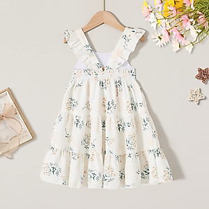 YOUNGER TREE Toddler Baby Girls Infant Clothes Floral Flutter Sleeve Princess Dress Summer Cotton Line Skirts for Girls(4-5T,White Floral)