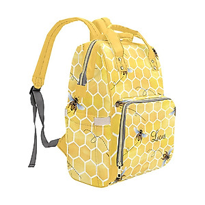 Yeshop Bee Honey Yellow Personalized Diaper Bag Backpack Tote with Name,Custom Travel Nappy Mommy Bag Backpack for Baby Girl Boy Gift, 10.83x6.69x15 inch