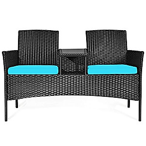 RELAX4LIFE Conversation Furniture Set with Table and Two Removable Cushions Rattan Wicker Chairs and Table Set for Patio,Garden, Baloney and Lawn Outdoor Porch Furniture Sets Loveseat (Black+Blue)