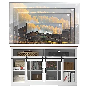 TOLEAD Farmhouse TV Stand for 65 inch TV Farmhouse Entertainment Center with Sliding Barn Doors Console Storage Cabinet for Living Room, Bedroom White