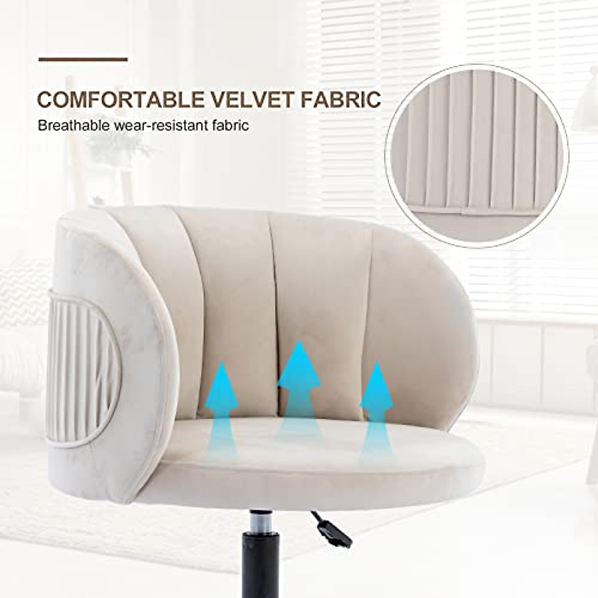 ayoodfo Home Office Desk Chair Modern Velvet Rolling Chair, Adjustable Task Chair with Mid-Back Swivel Office Chair, Accent Chairs Upholstered Armchair Vanity Chair for Living Room, Bedroom, Beige