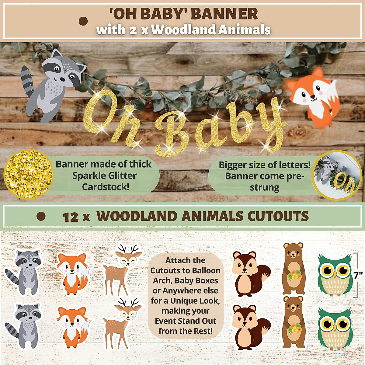 156 pc Woodland Baby Shower Decorations for Boy Kit - Includes Woodland Balloon Arch with Baby Boxes with Letters for Baby Shower, Oh Baby Banner, Animal Balloons, Woodland Creatures Cutouts, Leaf Vines, Table Signs and More - Ideal for Woodland Theme Bab