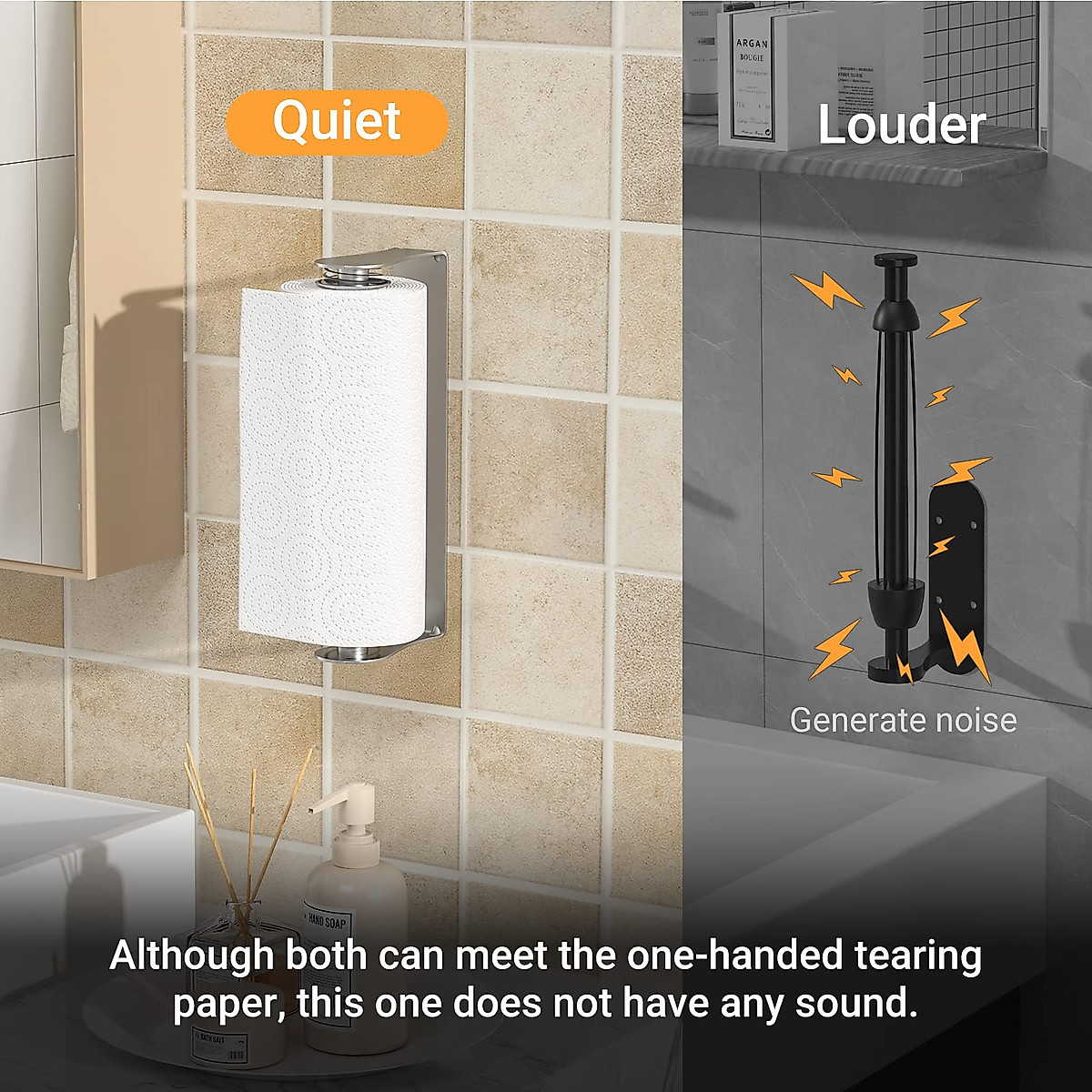 Swaitee Paper Towel Holder, One Hand Tear Paper Towel Holder Under Cabinet with Ring Spring, Stainless Steel Paper Holder Rack Adhesive or Wall Mount for Kitchen Bathroom