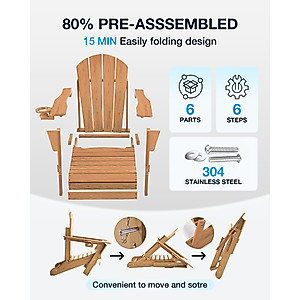 Serique Folding Adirondack Chair, Patio Chair Wood Texture, Outdoor Chair Weather Resistant, Lawn Chair with Cup Holder, Fire Pit Chair for Deck, Outdoor, Porch, Backyard, Garden (Teak)
