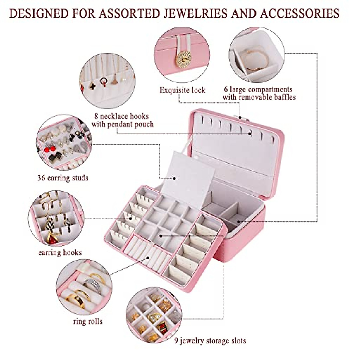 Kioten - 2 Pack Jewelry Box, Travel Jewelry Box Built-Mirror, With 1psc Random Color Perfume Atomizer, Girls And Women Jewelry Box, Adjustable Compartment, Pink