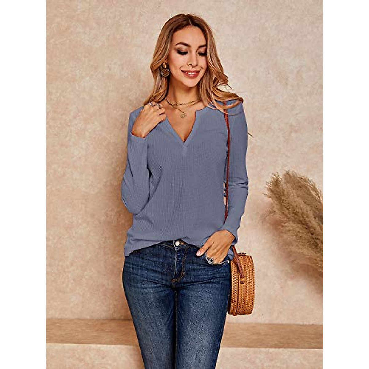 Womens V Neck Shirts Long Sleeve Waffle Knit Loose Fitting Warm Tee Tops Pullover Sweaters (Medium, Dark Blue)