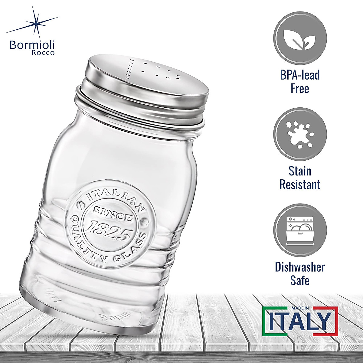 Bormioli Rocco Officina 1825 Salt And Pepper Shaker, Set Of 2, Clear, 8 Oz. Stain Resistant, Durable Glass Jars, Dishwasher Safe.