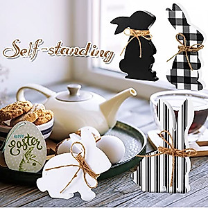 4 Pcs Easter Bunny Table Wooden Signs Bunny Shaped Farmhouse Decor Spring Bunny Wood Tabletop Easter Decorations Easter Bunny Dining Room Table Decor Sign Bunny Decor with Rope (Plain Black White)
