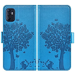 Asuwish Compatible with Oppo Reno 6 5G Wallet Case and Tempered Glass Screen Protector Flip Purse Accessories Wrist Strap Credit Card Holder Stand Cell Phone Cover for Reno6 2021 Women Men Blue