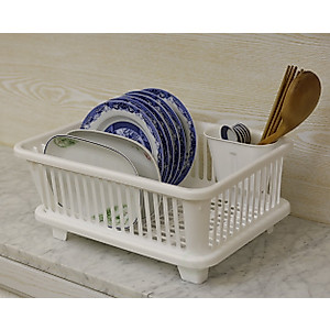 Basicwise Plastic Dish Rack with Drain Board and Utensil Cup