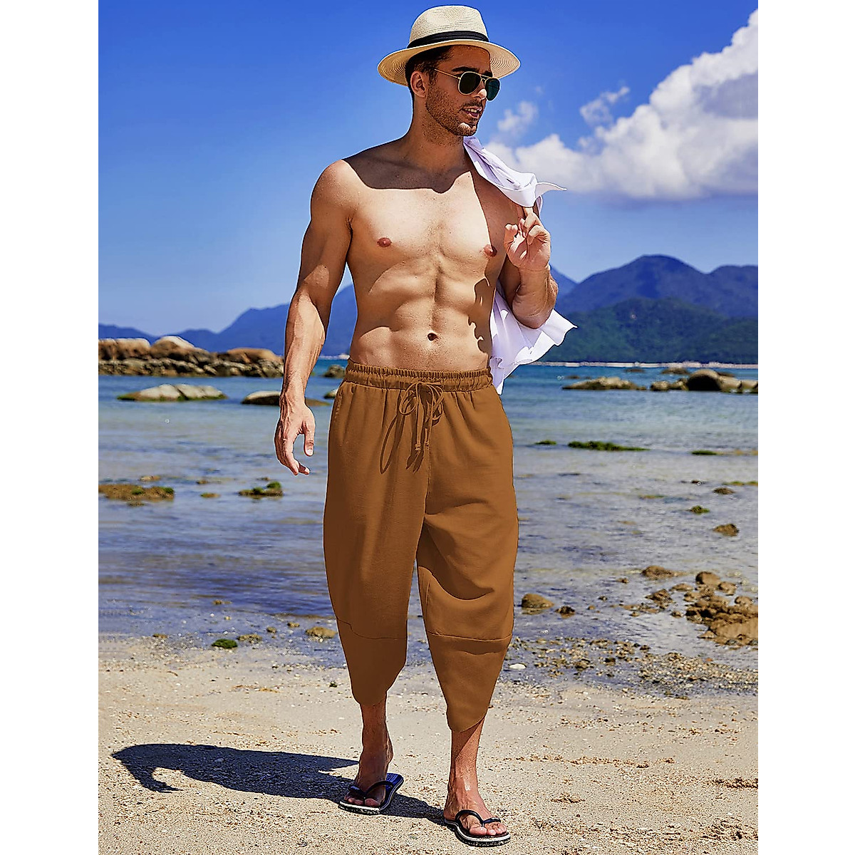 COOFANDY Men's Baggy Capri Trousers Casual Drawstring Vacation Hippie Summer Beach Linen Pants Lightweight Loose Yoga Pants Brown