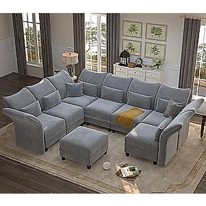 LLappuil Chenille Large Sectional Sofa 8 Seats U Shaped Modular Sofa with Storage Chaise, Adjustable Backrest, Modular Sectional Couches Sleeper for Living Room, Grey