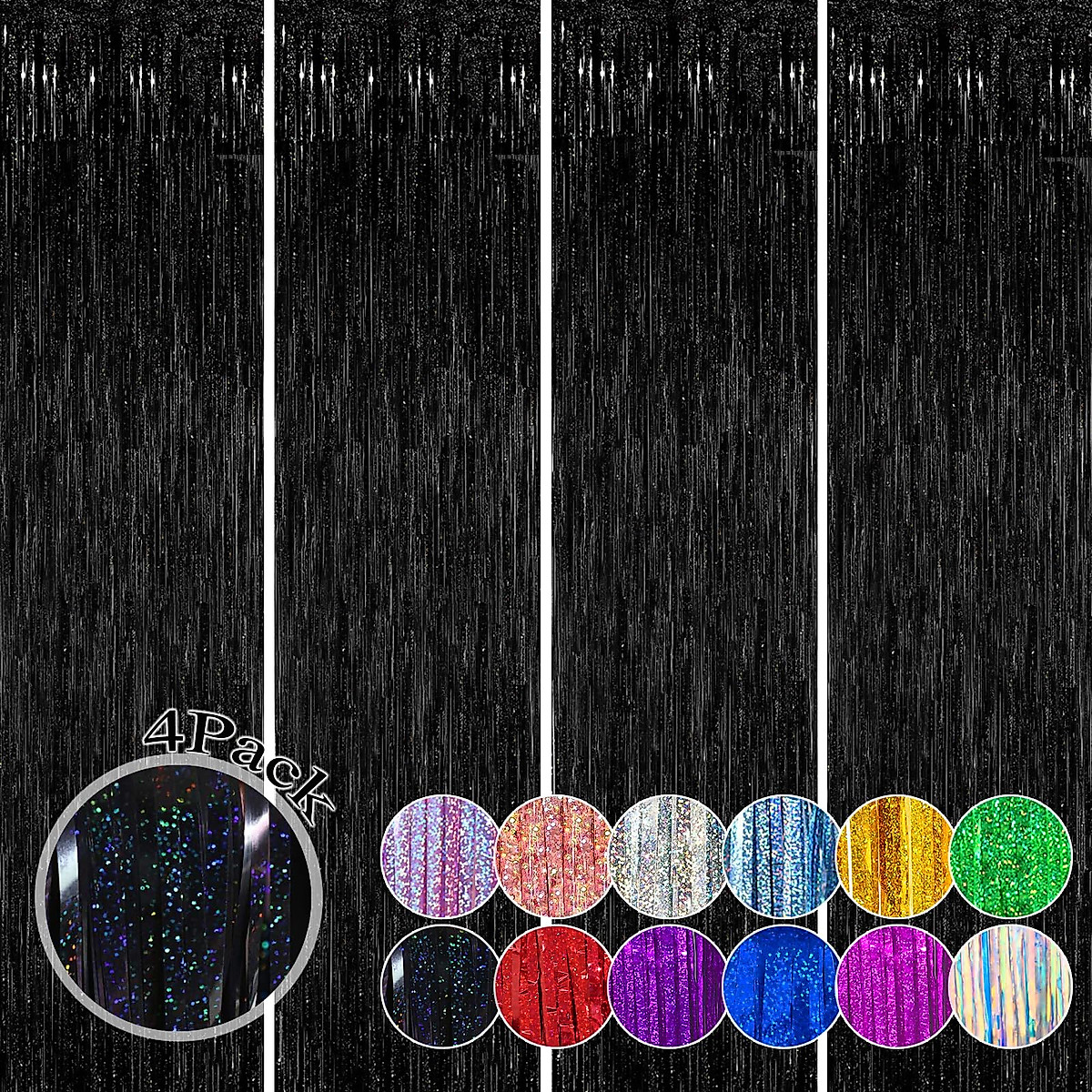 4 Pack Black Tinsel Foil Fringe Curtains, Slmeno Glitter Metallic Foil Curtain Backdrop for Party Decor, Photo Booth Backdrop Streamer for New Years Graduation Celebration Black Birthday Decorations