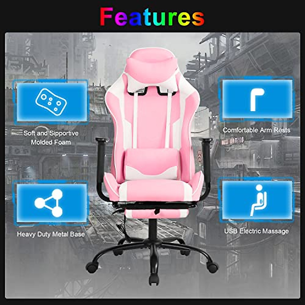 Gaming Chair Massage Office Chair PC Computer Chair Ergonomic Video Game Chairs PU Leather Recliner with Lumbar Support Headrest Armrest Footrest Rolling Swivel Desk Chair for Adults Teen, Pink