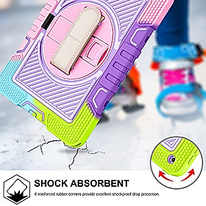 Hocase for iPad 9th/8th/7th Generation Case 10.2", with Pencil Holder/360 Rotation Stand/Hand Strap, Heavy Duty Shockproof Rugged Soft Silicone Hard Protective Case for Kids, Girls & Women - Rainbow