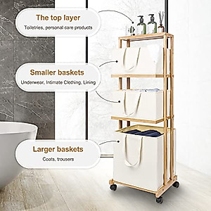 Homde Laundry Basket 3 Tier Bamboo Storage Shelf with Wheels Removable Storage Basket with Handle Freestanding Clothes Hamper Organizer for Bathroom Living Room Bedroom