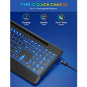 Wireless Keyboard with 7 Colored Backlits, Wrist Rest, Phone Holder, Rechargeable Ergonomic Computer Keyboard with Silent Keys, Full Size Lighted Keyboard for Windows, Mac, PC, Laptop (Black)