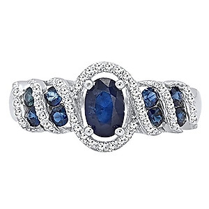 Dazzlingrock Collection Sterling Silver 6X4 MM Lab Created Oval & Round Blue Sapphire & Round Diamond Women Ring, Size 4.5