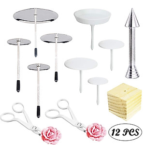 12 PCS Cake Decorating Supplies, Woohome 8 PCS 2 Style Cake Flower Nail, 2 PCS Flower Lifters and 1 PCS Wood Flower Nails Holder, 1 PCS Cake Icing Dispensers for Icing Flowers Decoration