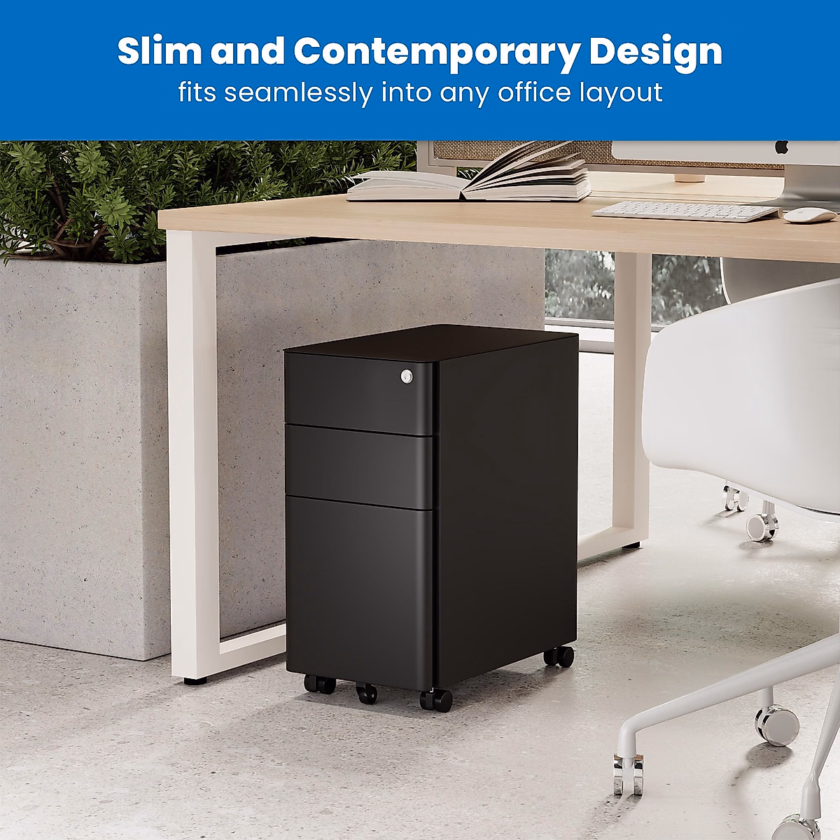 Mount-It! Slim Rolling Under Desk Cabinet, Mobile Filing Cabinet with 3 Drawers and Lock for Home & Office Storage, Black