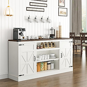 Hlivelood 66" Farmhouse TV Stand with Power Outlets for 75 65 Inch TVs, 33" Tall Entertainment Center with Storage Cabinets w/Adjustable Shelves, Rustic Large TV Media Console for Living Room, White