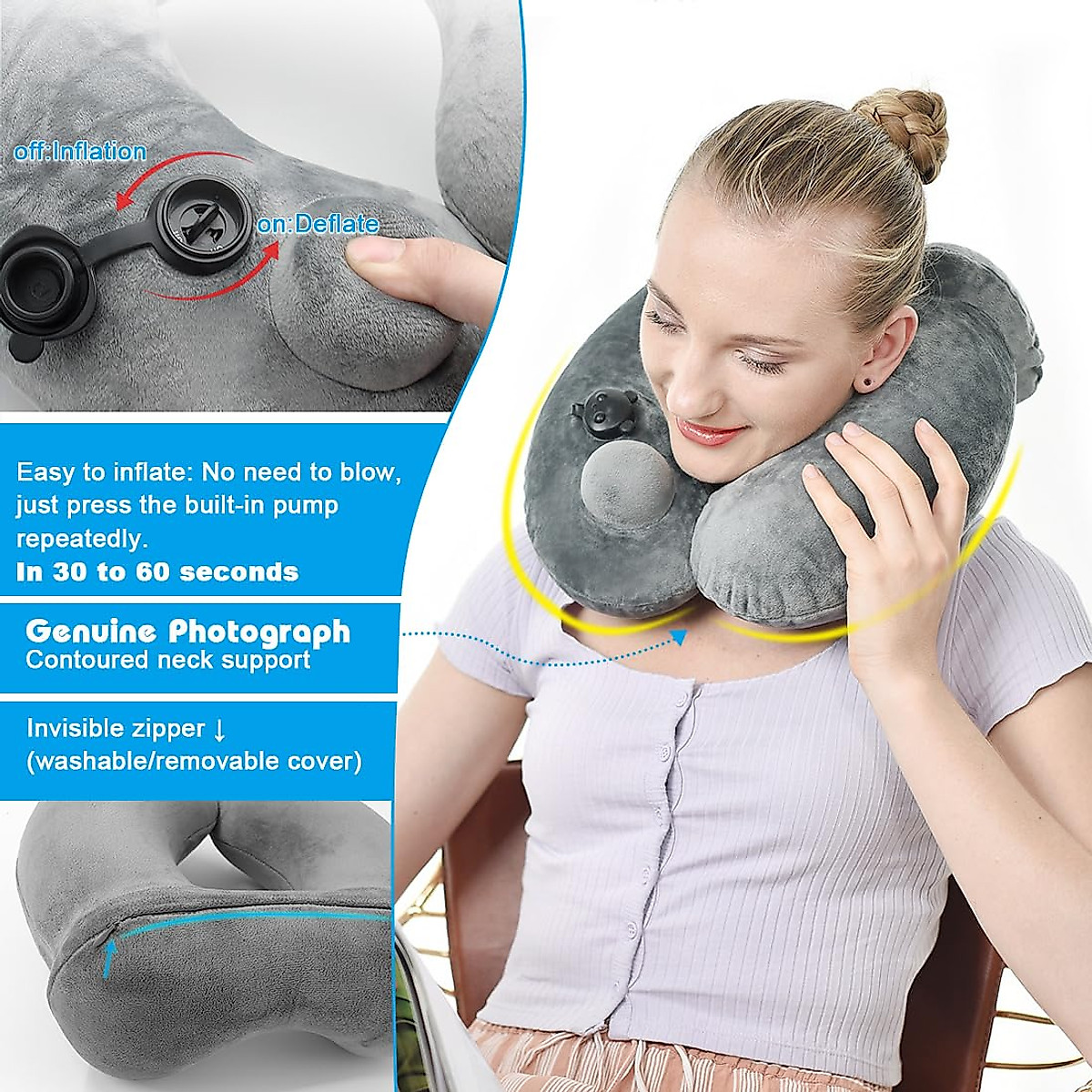 2 Pack Inflatable Travel Neck Pillow with Compact Bag and Washable Cover for Sleeping Airplane Soft Velvet Pillow for Long Flight Neck Cushion for Head Support Car Home Office