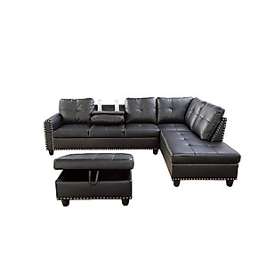 Ainehome Living Room Sectional Set, Leather Sectional Sofa in Home, with Storage Ottoman and Matching Pillows (Right Hand Facing,Black)