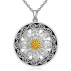 Talonior Daisy Necklace for Women Sterling Silver Celtic Knot Birth Flower Sunflower Necklace Pendant Cubic Zirconia Sunshine Daisy Jewelry Gifts