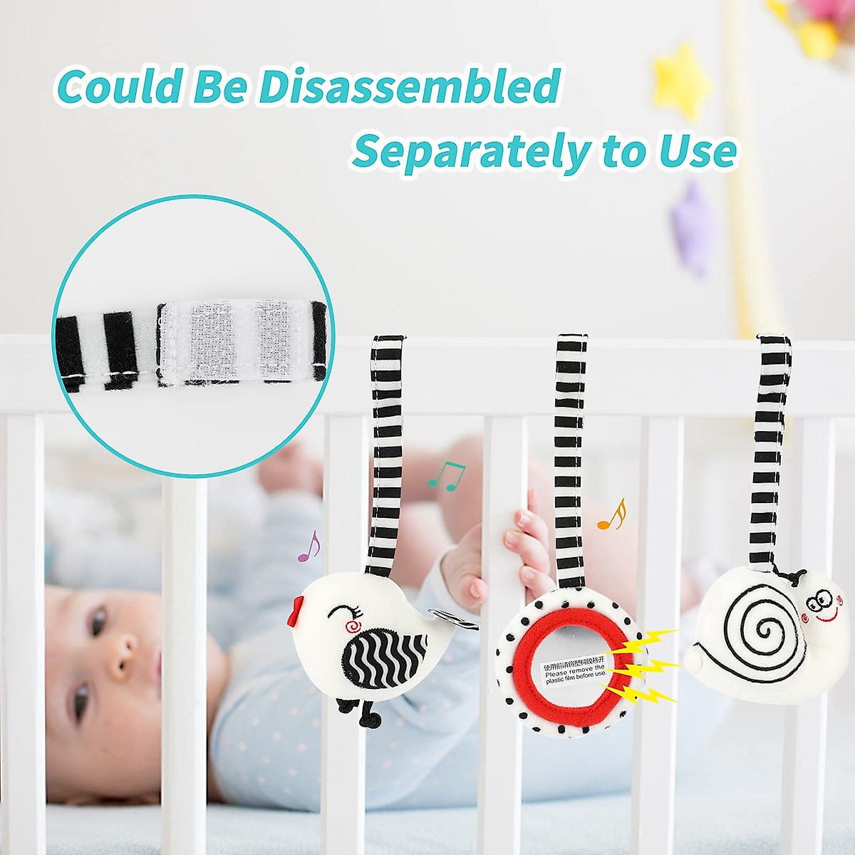 KKUYT Car Seat Toy for Baby, Infant Baby Spiral Plush Toys Stroller Toys Hanging Crib Activity Toy for Crib Bed Stroller Car Seat, Hanging Rattle Toy for 0-12 Months Newborn Baby-Black & White Fox