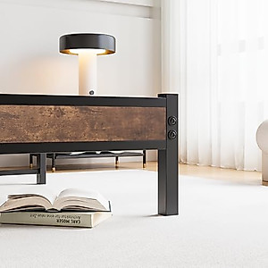 DUMEE Metal Queen Bed Frame with Wood Storage Headboard with USB Ports and Charging Station, Metal Platform Bed Frames Queen Size, No Box Spring Needed, Noise Free, Black & Rustic Brown