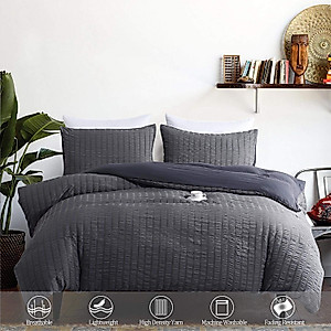 Cozyholy Seersucker Duvet Cover Set Queen Size 3 Pieces Dark Grey Textured Bedding Duvet Cover Ultra Soft Lightweight Microfiber Comforter Cover Set with Zipper Closure Corner Ties