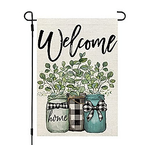 CROWNED BEAUTY Welcome Garden Flag Floral Mason Jar 12x18 Inch Double Sided for Outside Small Buffalo Plaid Burlap Yard Flag CF789-12
