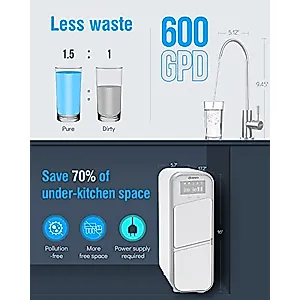 Deepuro RO Water Filter System, Reverse Osmosis Under Sink Water Filtration System 600GPD, 0.0001μm Tankless Water Purifiers 5 Stage, 1.5:1 Pure to Drain Visible TDS & Filters Life, White, WP-A6