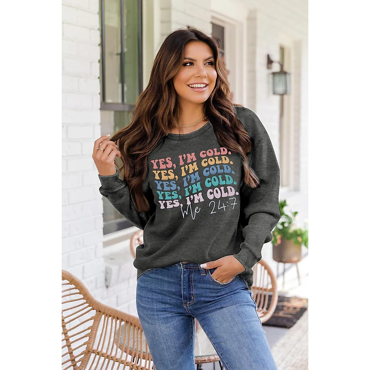 JINTING Yes I'm Cold Me 24:7 Sweatshirt Women Funny Letter Print Pullover Crewneck Long Sleeve Tops Grey