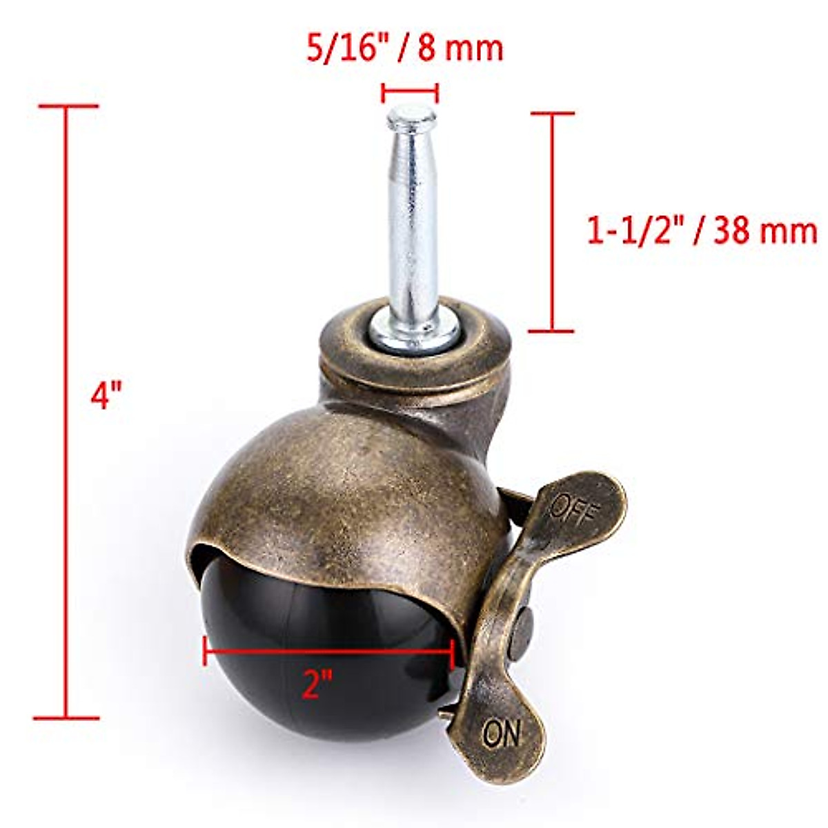 Skelang 2" Ball Caster, Grip Neck Stem Caster with Brake and Sockets, Vintage Antique Swivel Caster Wheel for Furniture, Sofa, Old Chair, Cabinet, Pack of 4 (Stem Mounting 5/16" x 1-1/2")