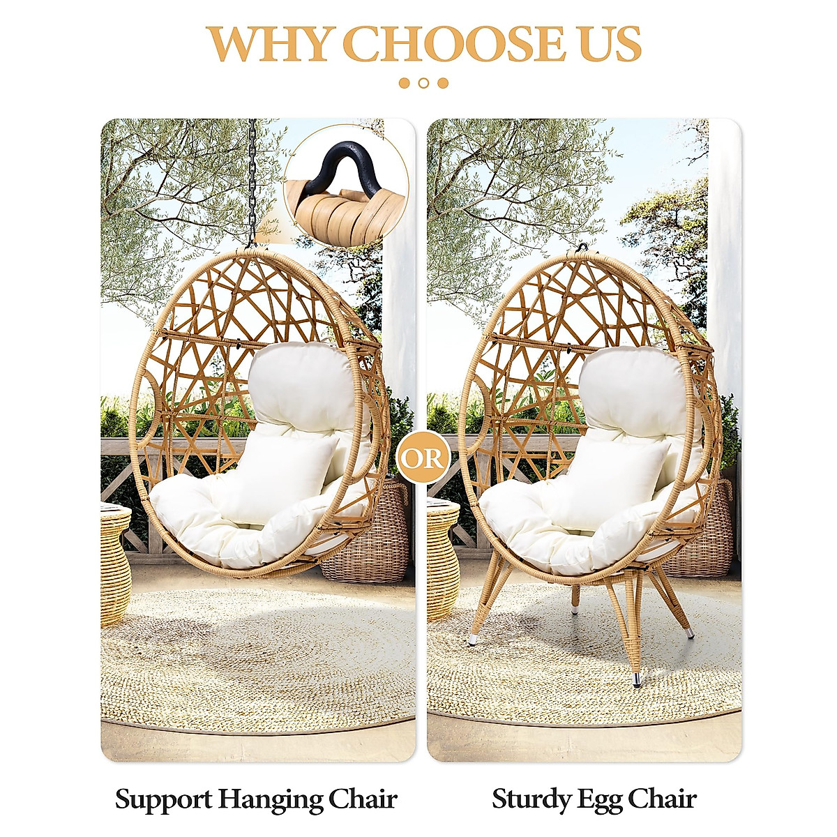 Crestlive Products Patio Wicker Egg Chair with Cushion and Pillow, Oversized Rattan Hanging Basket Lounge Chair with Legs, Teardrop Cuddle for Indoor Outdoor Bedroom Garden Deck Balcony (Beige)