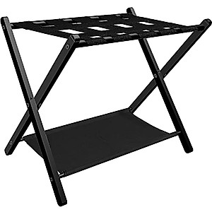 Fandature Folding Luggage Rack for Guest Room, Metal Foldable Suitcase Stand Holder with Colth Shelf for Bedroom, Black, 1pack