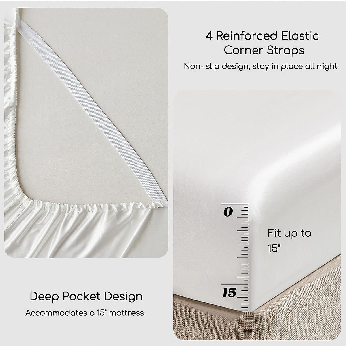 MR&HM Satin Bed Sheets, Full Size Sheets Set, 4 Pcs Silky Bedding Set with 15 Inches Deep Pocket for Mattress (Full, Ivory)