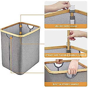 Grey Bamboo Frame Collapsible Laundry Hamper with Handles, Dirty Clothes Basket, laundry room clothes organizer, Oxford Foldable Laundry Baskets for Clothes,Towels, Blankets, Toys Organizer